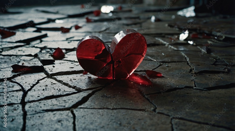 Broken heart sculpture on cracked floor reflecting feelings of loss and ...