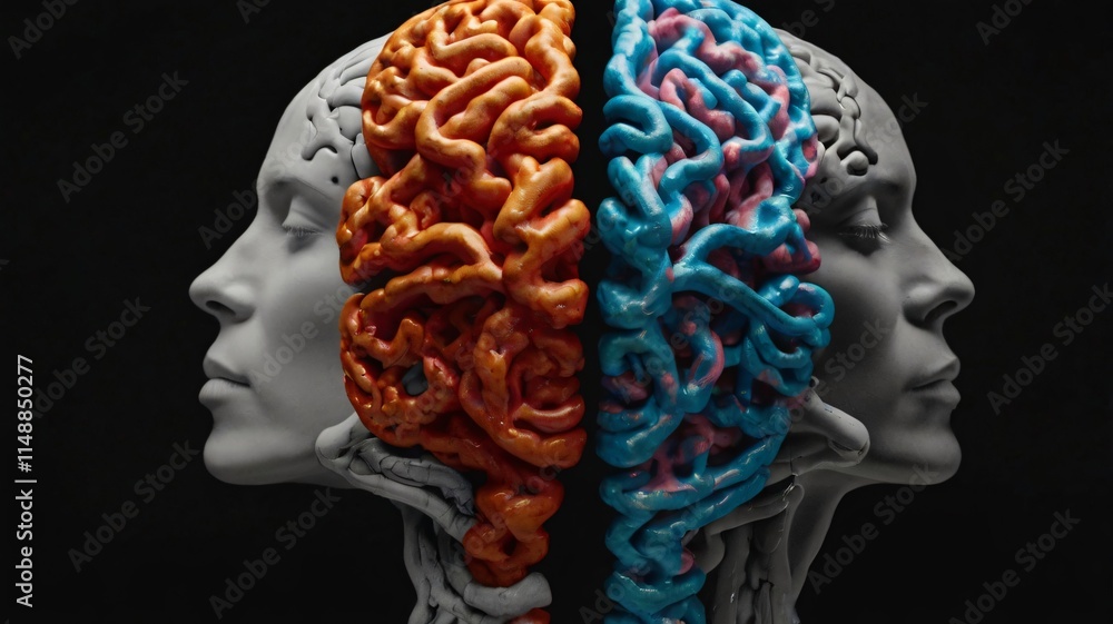 Duality of mind represented by contrasting brain colors and female ...