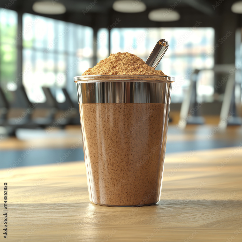 realistic digital image of protein powder in clear cup, showcasing its ...