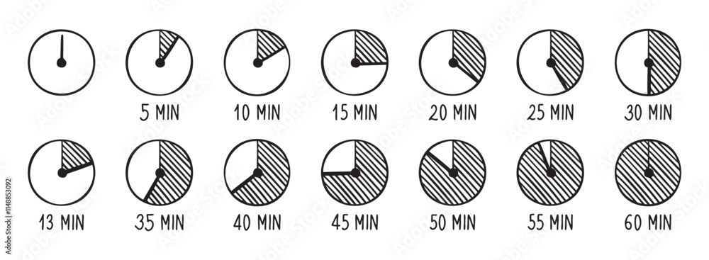 timer doodle icons set. Stopwatch on 0, 5, 10, 13, 15, 20, 25, 30, 35 ...