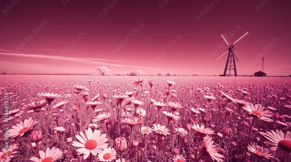 Surreal infrared photograph of a flower field and distant windmill ...