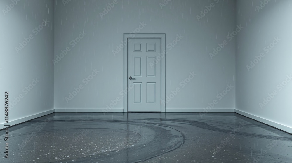 Rainy scene a simple white closed door in a minimalistic empty room ...