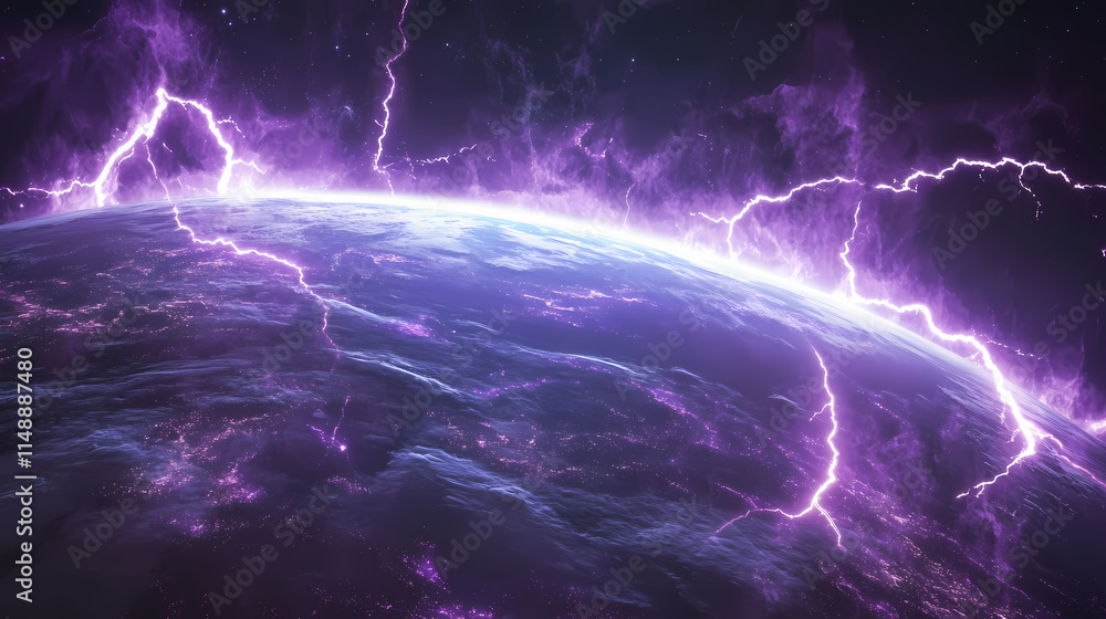 Mysterious purple lightning storm surrounding earth, cosmic energy, sci ...