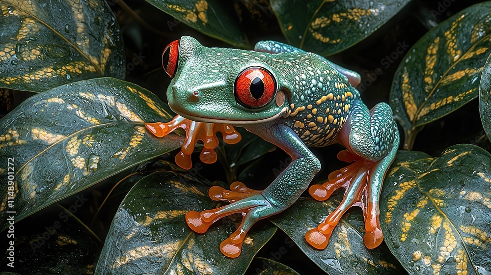 A frog with red eyes is sitting atop a green leafy plant with red spots ...