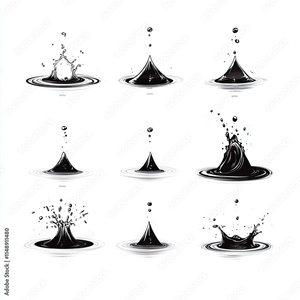 A series of vector illustrations depicting water droplets in various ...