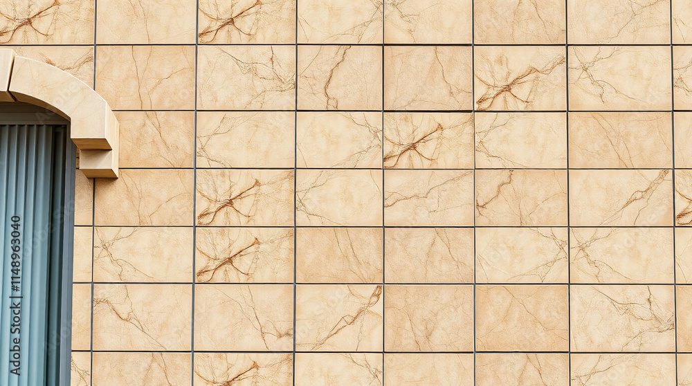 Light beige square tiles with subtle brown veining form a wall ...