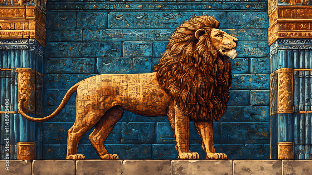 Lion depicted on the ishtar gate of babylon, freehand drawing ...