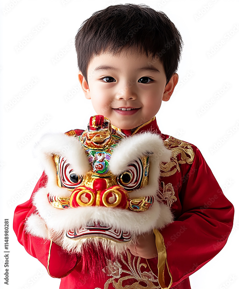 Little Boy in Red Tunic with Embroidered Chinese Symbols Holding Toy ...