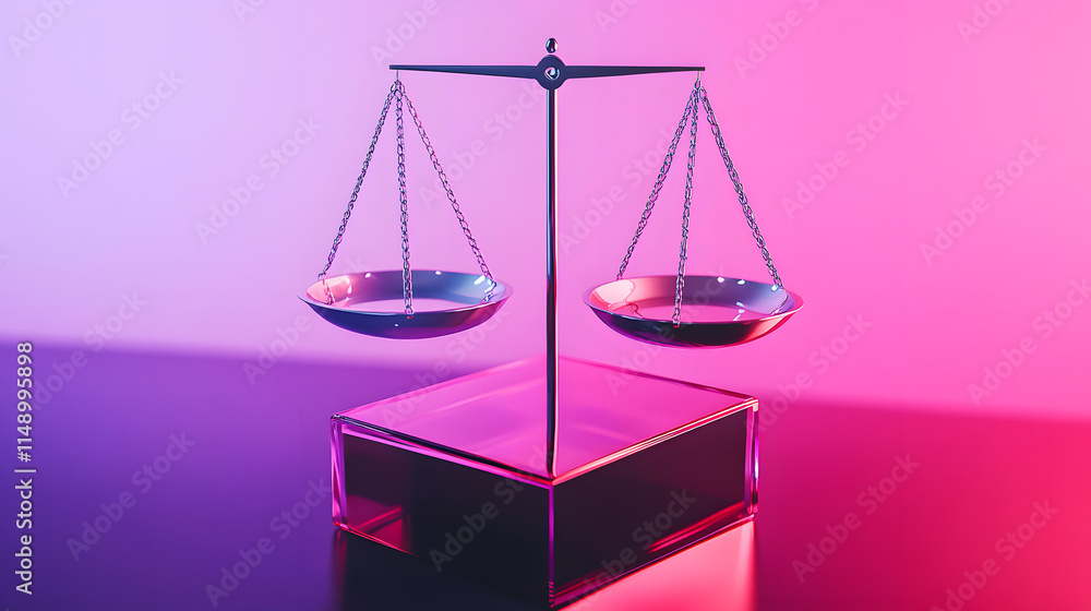 Metallic scales of justice on a pink and purple gradient background ...