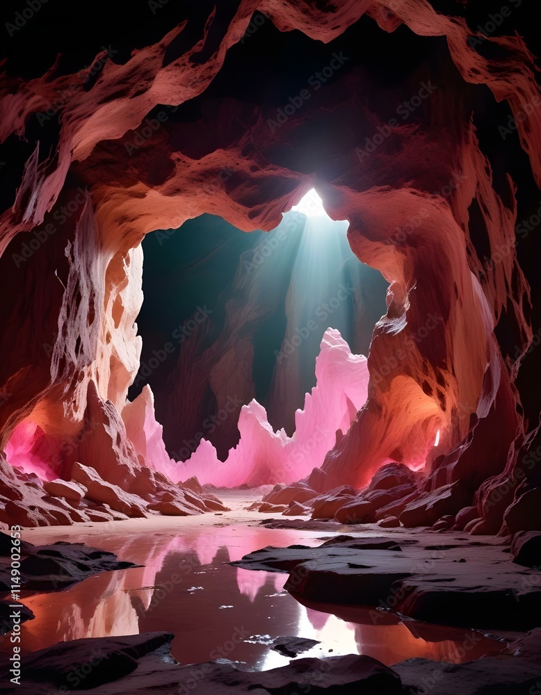 A large cosmic portal in the middle of an ancient pink cave, the walls ...
