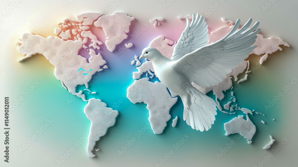 Dove flying over colorful world map symbolizing global peace and unity ...