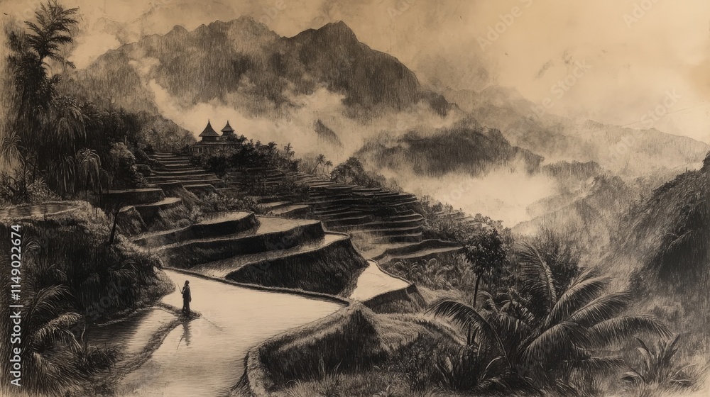 Monochromatic drawing of rice terraces in mountains with a person ...