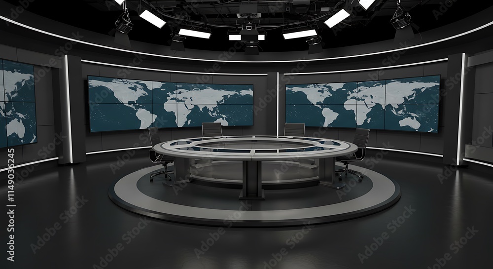 Modern news studio interior. Circular desk with screens. Screens ...