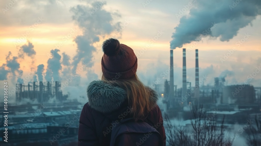 Ilustración de Stock Young woman observing dense industrial smoke from ...