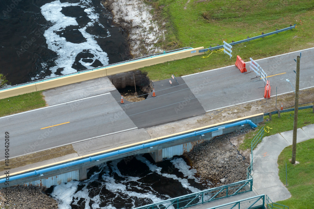 Roadworks site. Reconstruction of damaged road bridge destroyed by ...