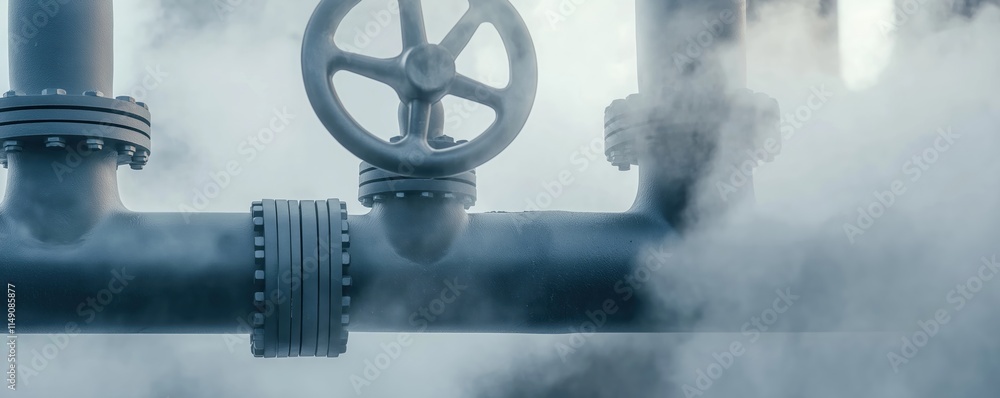Industrial pipes, valves release steam. Metal pipes connect to large ...