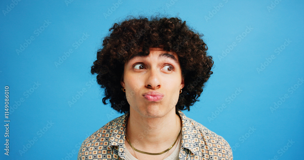 Man, face and pout with afro for kiss, flirty expression or dream in ...