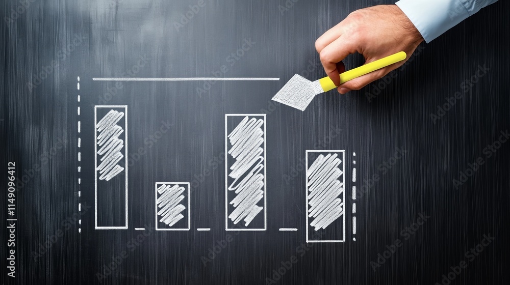 Costs cutting and efficiency concept. Businessman drawing bar graph and arrow on chalkboard ...