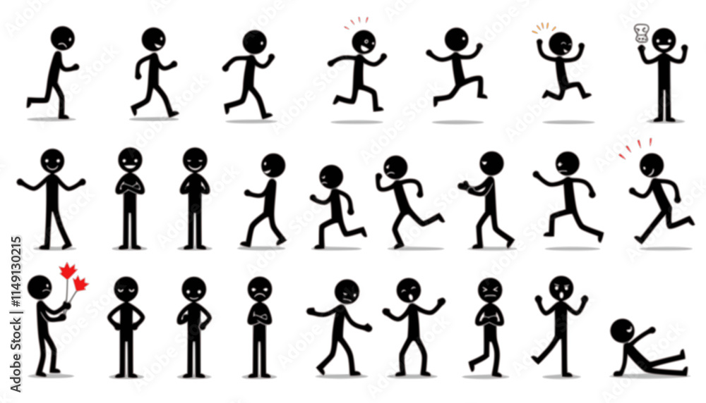 Stickman icons. Stick figures black silhouettes showing various poses ...