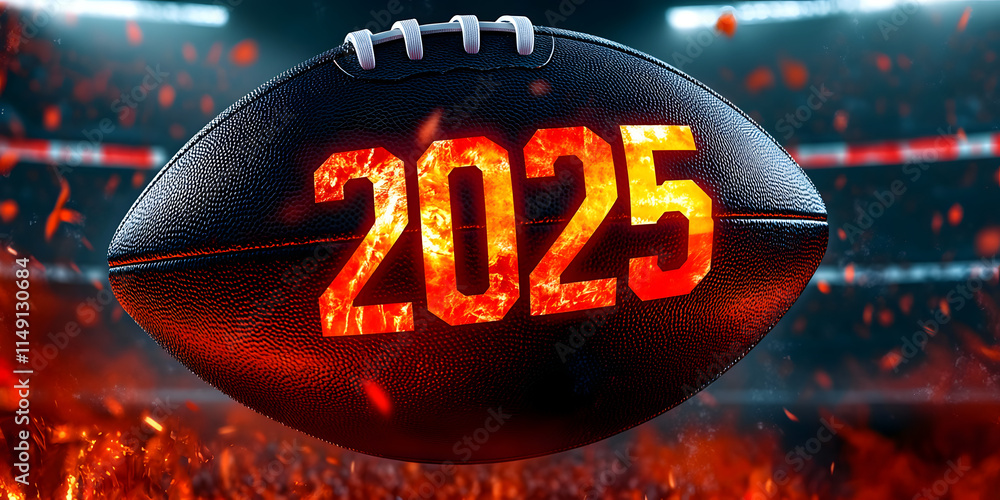 Fiery American Football with 2025 Countdown in Stadium for Big Super ...