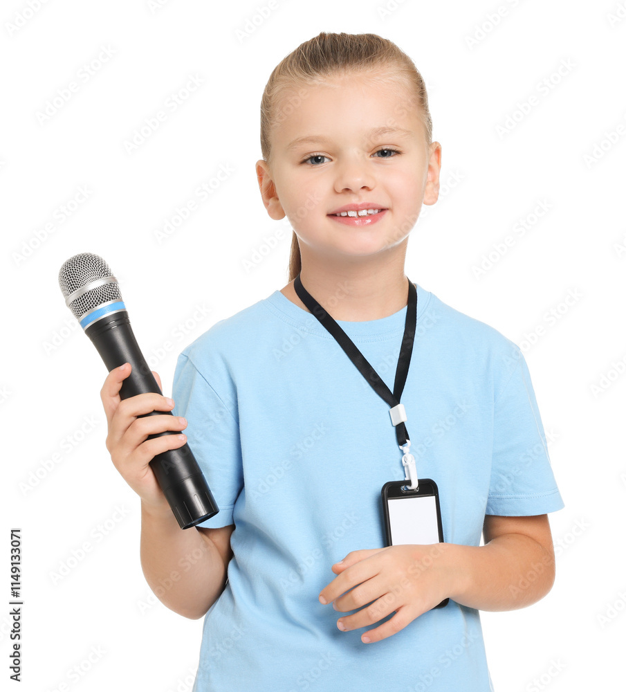 Little girl with microphone pretending to be journalist on white ...
