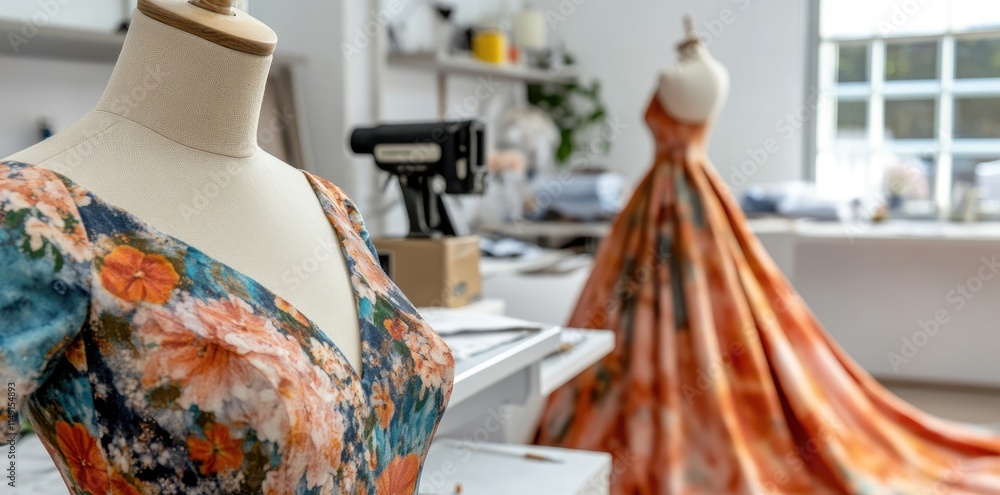 Fashion design - garment sketches, fabric samples, creative workspace ...