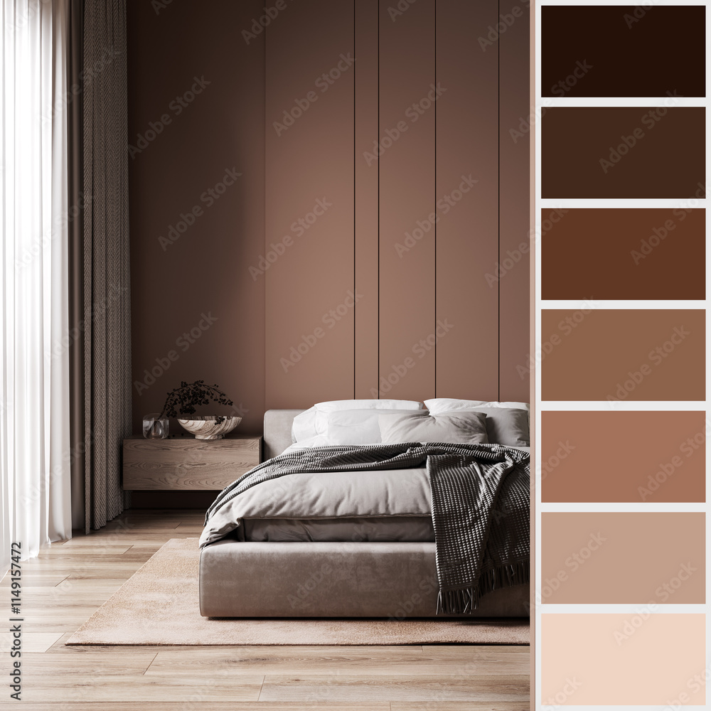 Mocha mousse stylish bedroom with brown color palette, 3d visualization ...