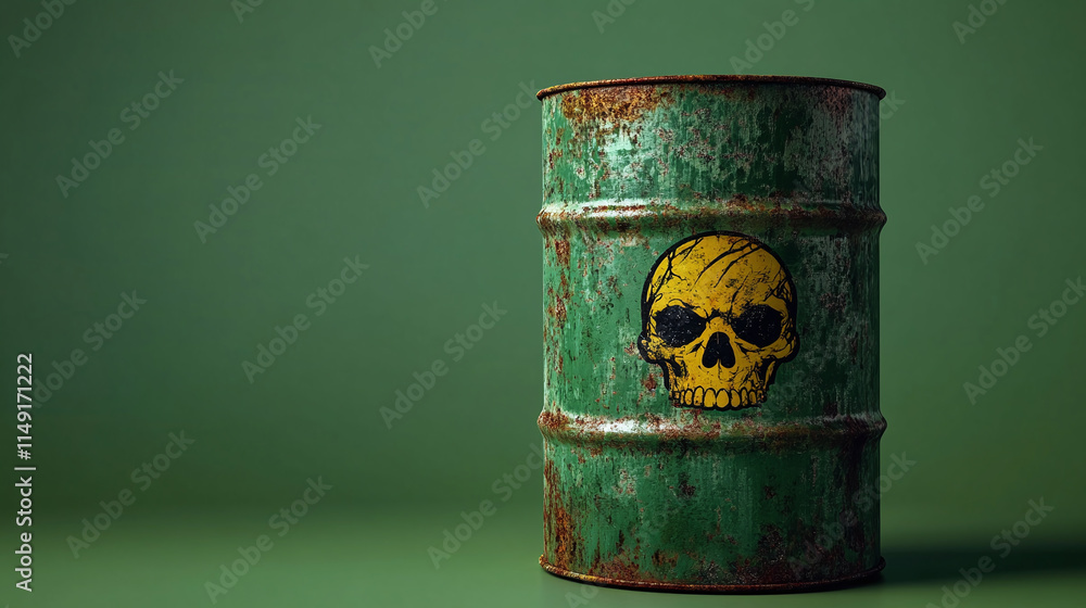 Green toxic waste barrel with death skull head symbol isolated ...