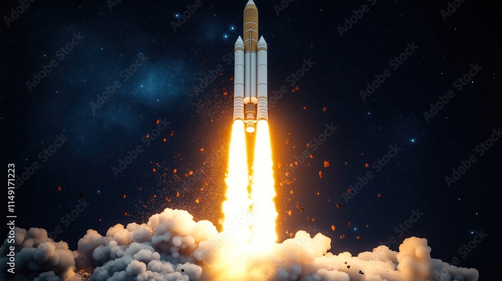 Powerful rocket launch into outer space. Fiery exhaust, smoke billowing ...