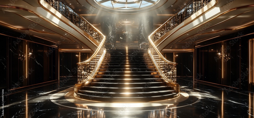 Grand staircase in a luxury mansion with gold railings and marble floors. Stock Illustration ...