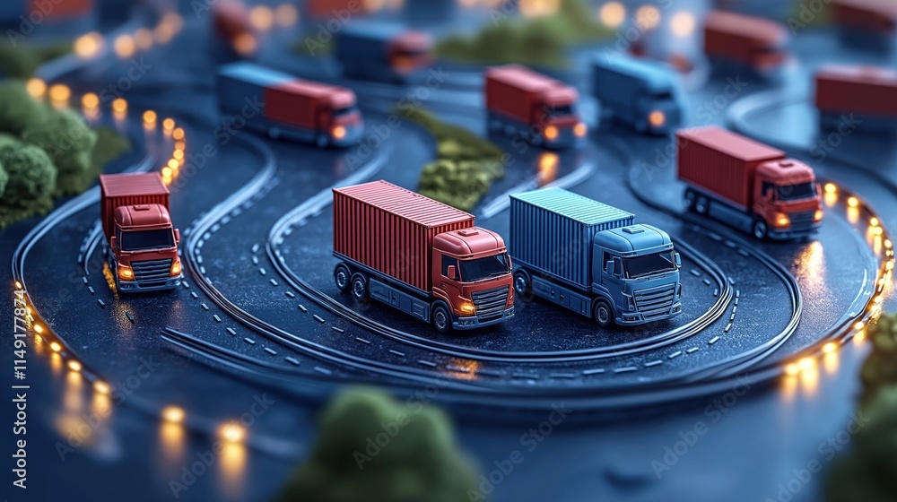 Miniature trucks transport containers on winding road network. Supply ...