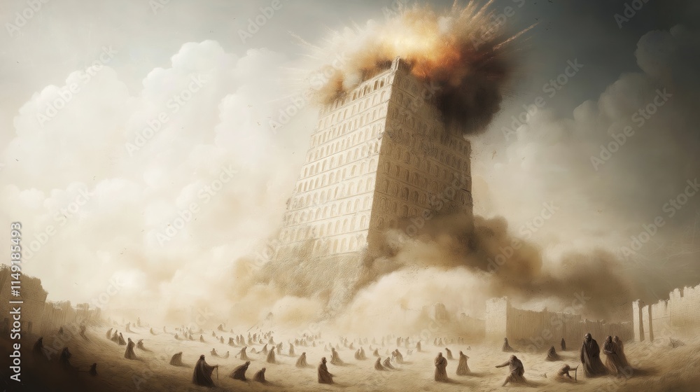 Massive tower of babel crumbles in dramatic destruction. God intervenes ...
