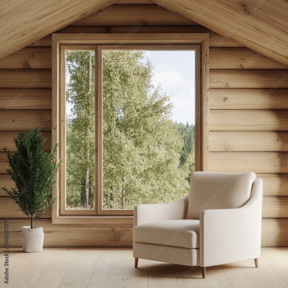 Empty cozy log cabin interior shows view of forest, hills. Wooden walls ...