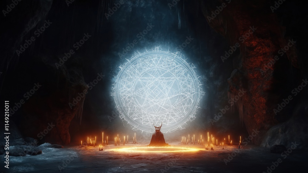 Mysterious daemon sits in hidden cave. Arcane symbols glow around ...