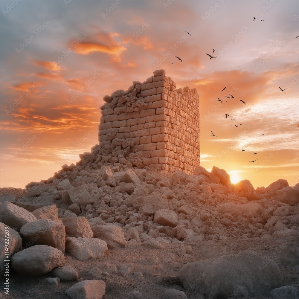 Ruined ancient stone structure stands amidst crumbled rocks at sunset ...