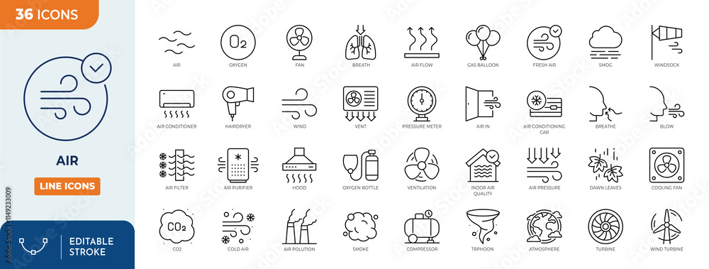 Air line editable icon set. Containing ventilation, air conditioner ...