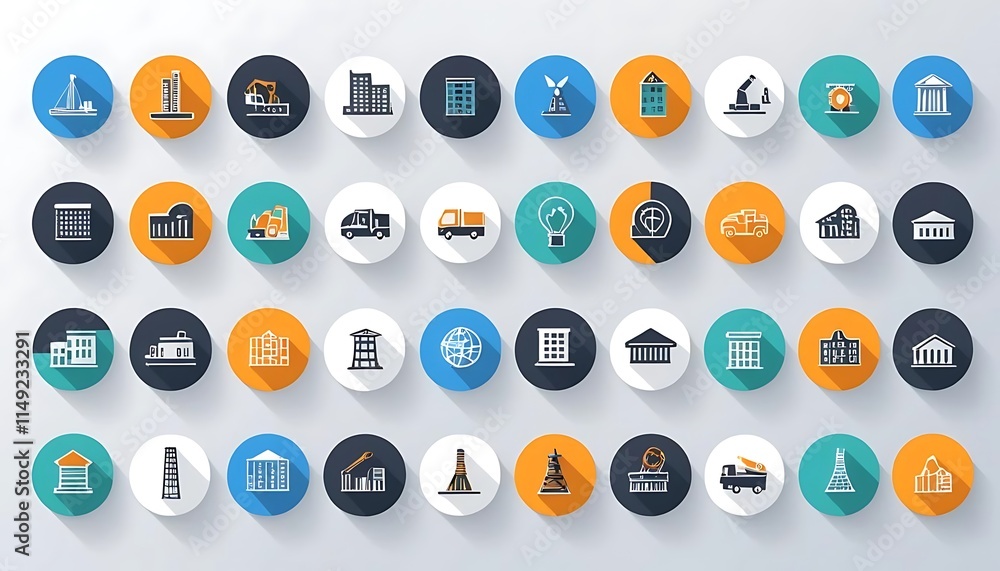 Colorful Circular Icons Depicting Various Building Types and ...