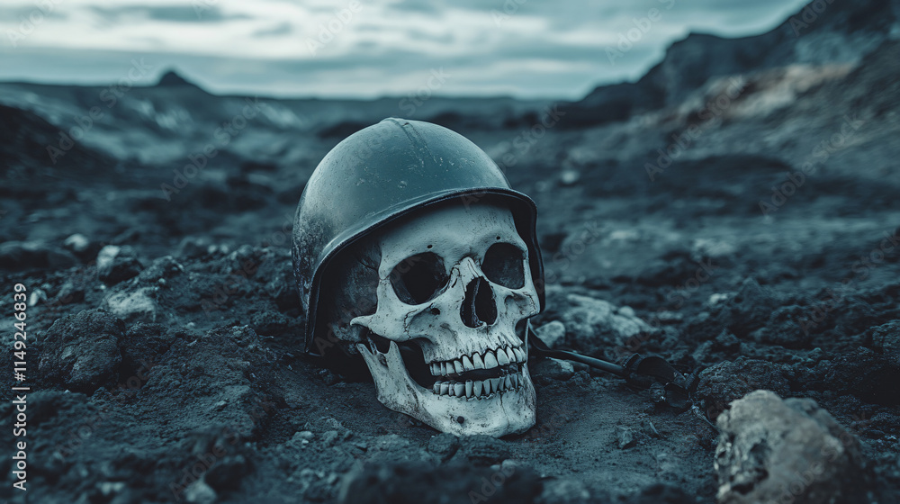 Somber battlefield scene human skull worn helmet resting barren ...