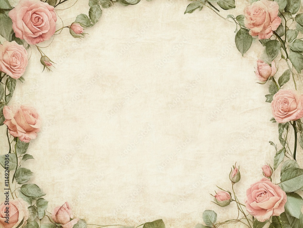 Vintage Pink Roses Frame on Antique Paper Background Romantic Floral ...