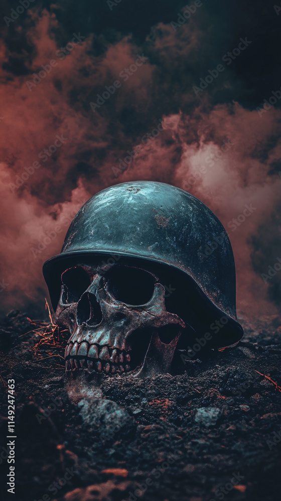 Somber battlefield scene human skull worn helmet resting barren ...