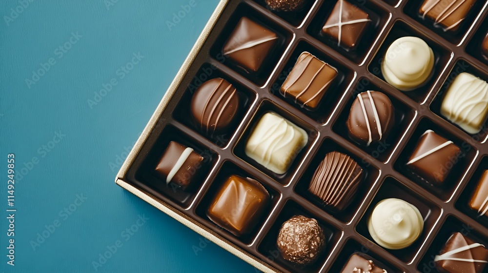 Chocolate box image concept. Assorted chocolates in a box on a teal ...