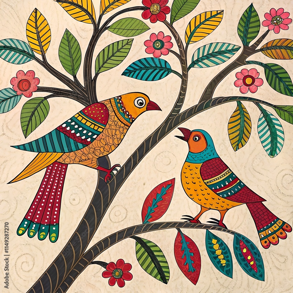 Brightly colored traditional Gond folk art from India of birds in a ...