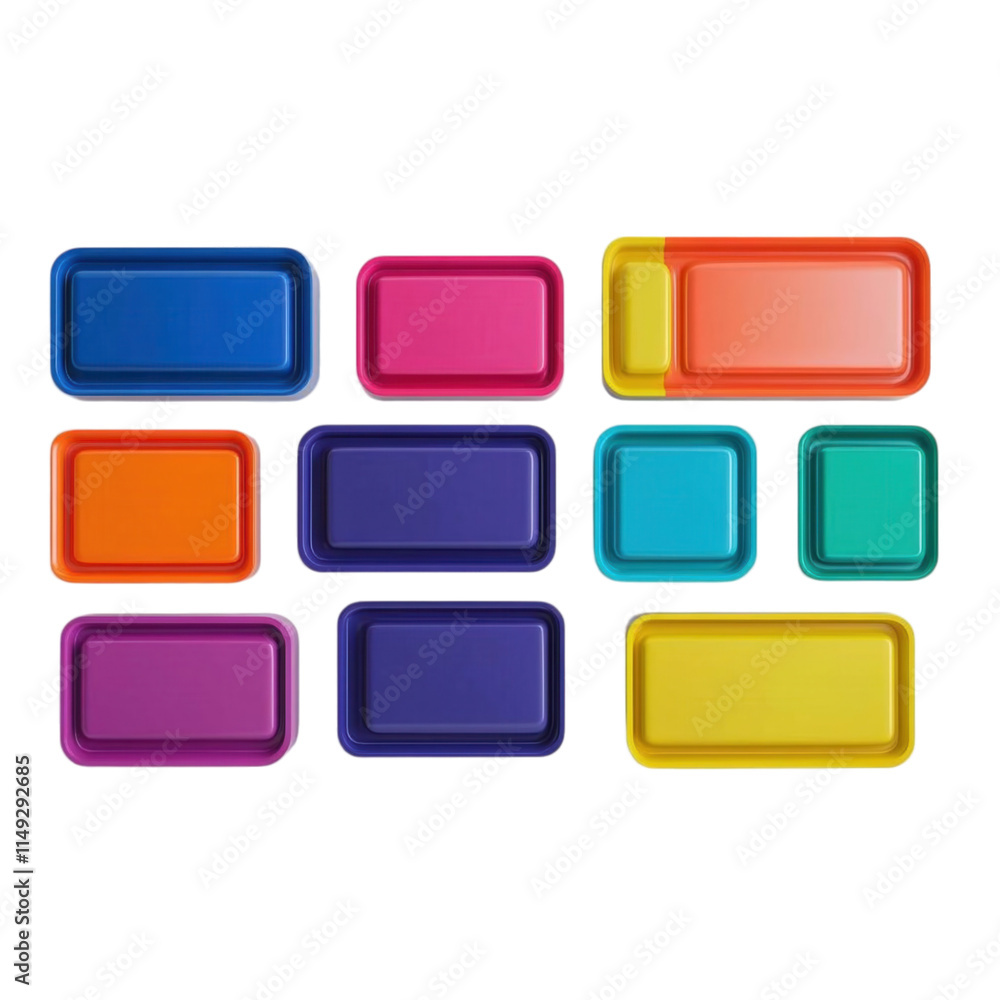 Colorful, assorted trays arranged in various sizes and shapes on a flat ...