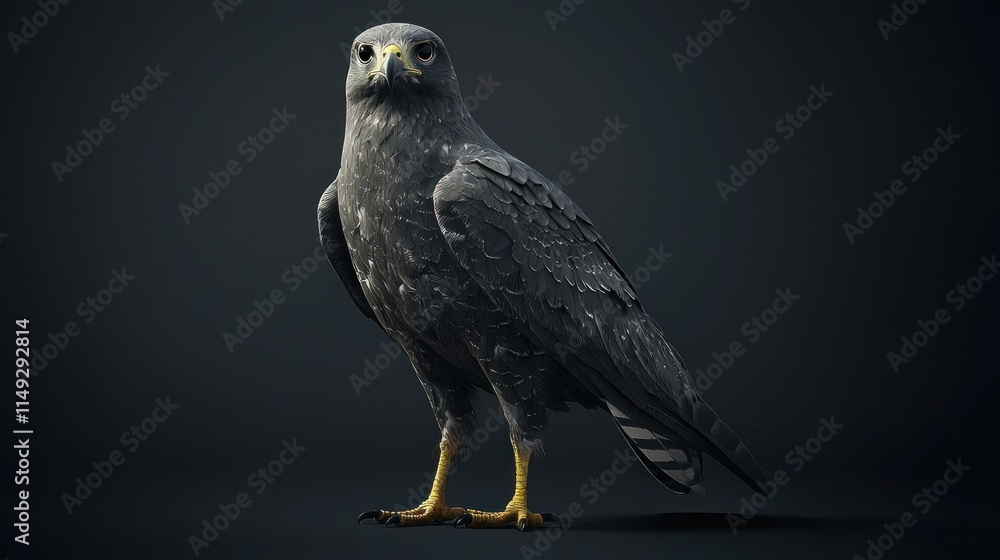 Majestic full body view of a dark gray hawk standing proudly on a black ...