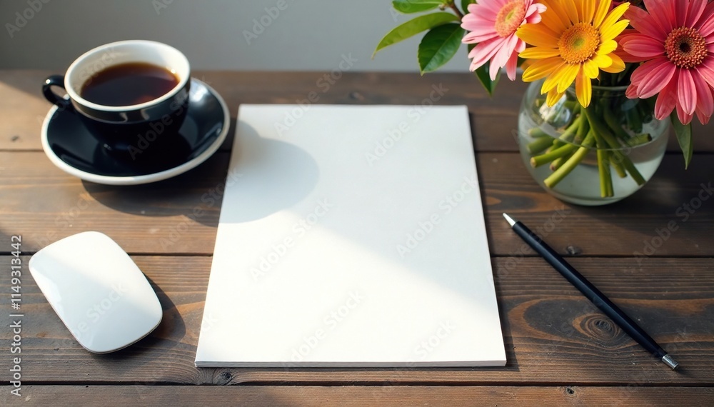 Simple study table setup with a white paper and coffee cup, flowers ...