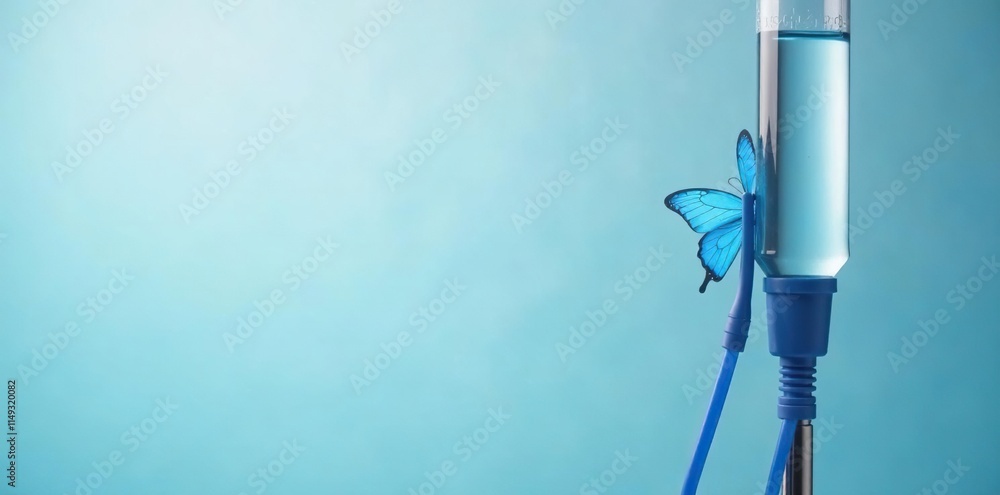 Blue butterfly catheter attached to an IV pole on a light background ...