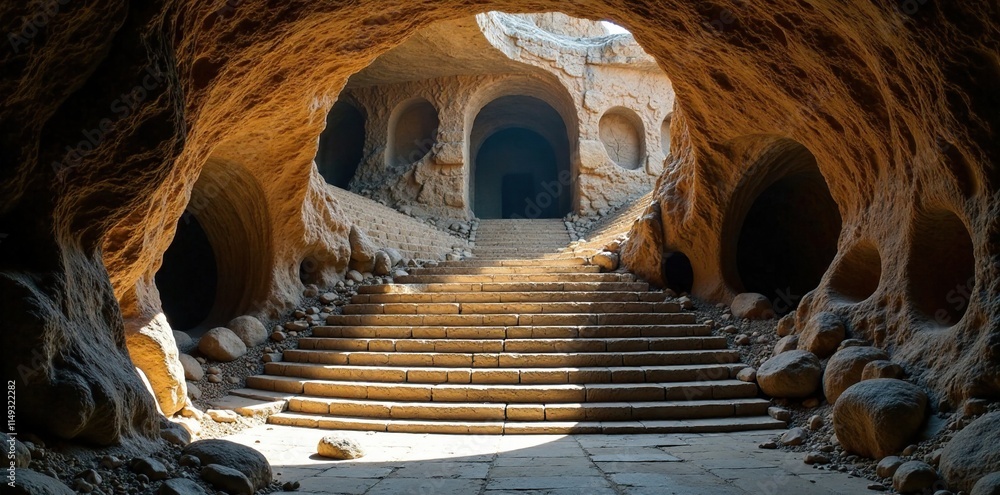 Grand stone steps leading to the entrance of an ancient cave temple ...
