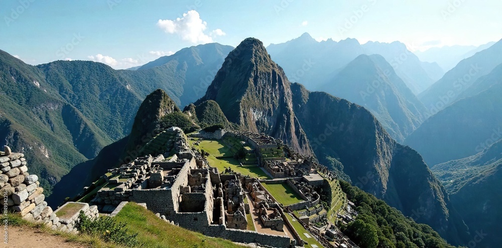 Majestic stone pyramid nestled on top of a rugged mountain amidst ...