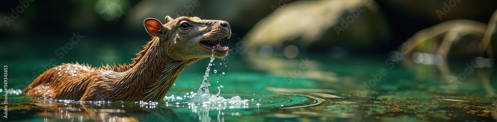 Una cabeza de un animal con el boca abierta bebiendo agua de una fuente ...