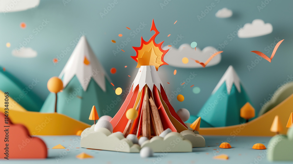 Colorful paper volcano erupting in a playful papercraft landscape Stock ...